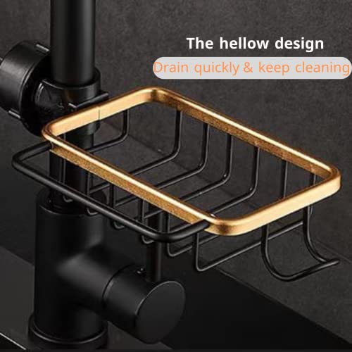 Kitchen Sink Rack Faucet Sponge Holder Over The Sink Organizer Faucet Rack with Hook,A Free Dishcloth Note:Round Pipe with Diameter 0.7-1.1 Inchs Can Be Used(Aluminum,Single Right Blackgolden)