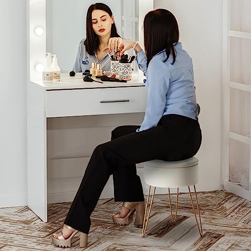LUE BONA Velvet Vanity Stool Chair for Makeup Room, Beige Round Storage Ottoman, Stool for Vanity with Gold Legs, 19” Vanity Chair, Ottoman Makeup Vanity Stool Chair for Vanity, Living Room,Bedroom