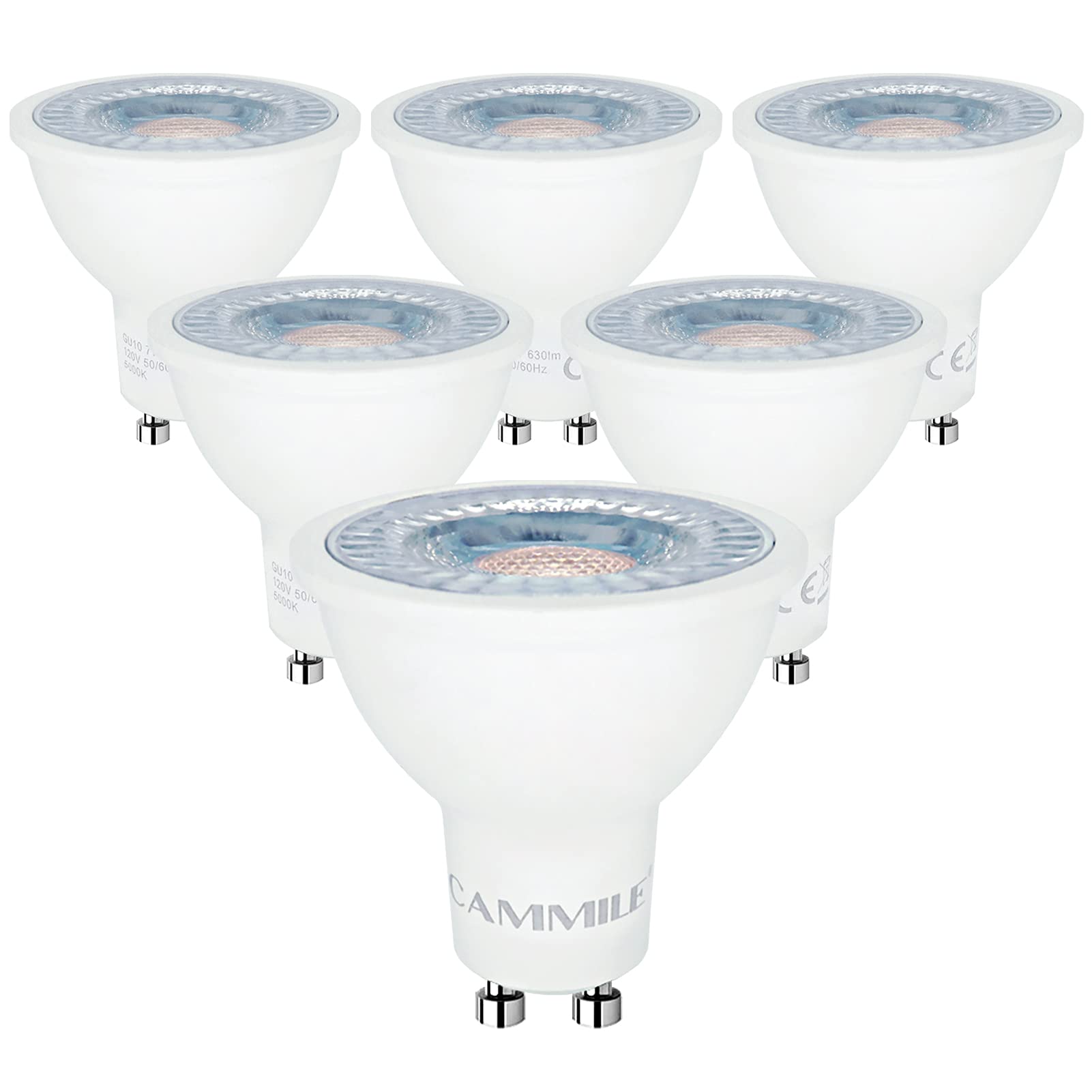 CAMMILE GU10 LED Light Bulbs, 50W Halogen Equivalent, Non Dimmable, 5000K Daylight White Natural Light, LED Bulb Replacement for Track&Recessed Lighting, AC120V Light Bulb 7W 630lm, Pack of 6