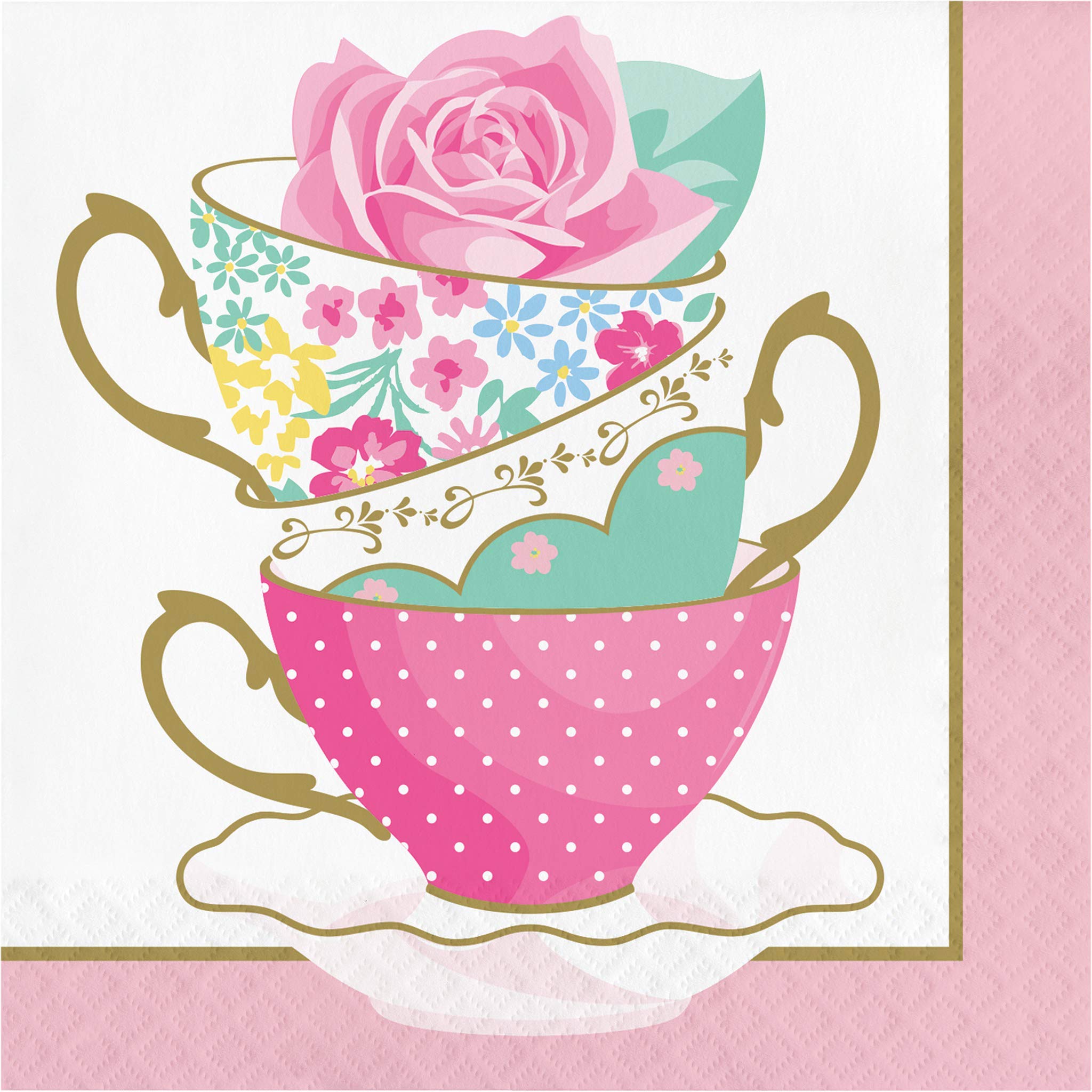 Floral Themed Tea Party Supplies: Bundle Includes Paper Dessert Plates & Napkins for 16 Guests Plus a Tablecover, Centerpiece, Hanging Coutouts, and Happy Birthday Banner