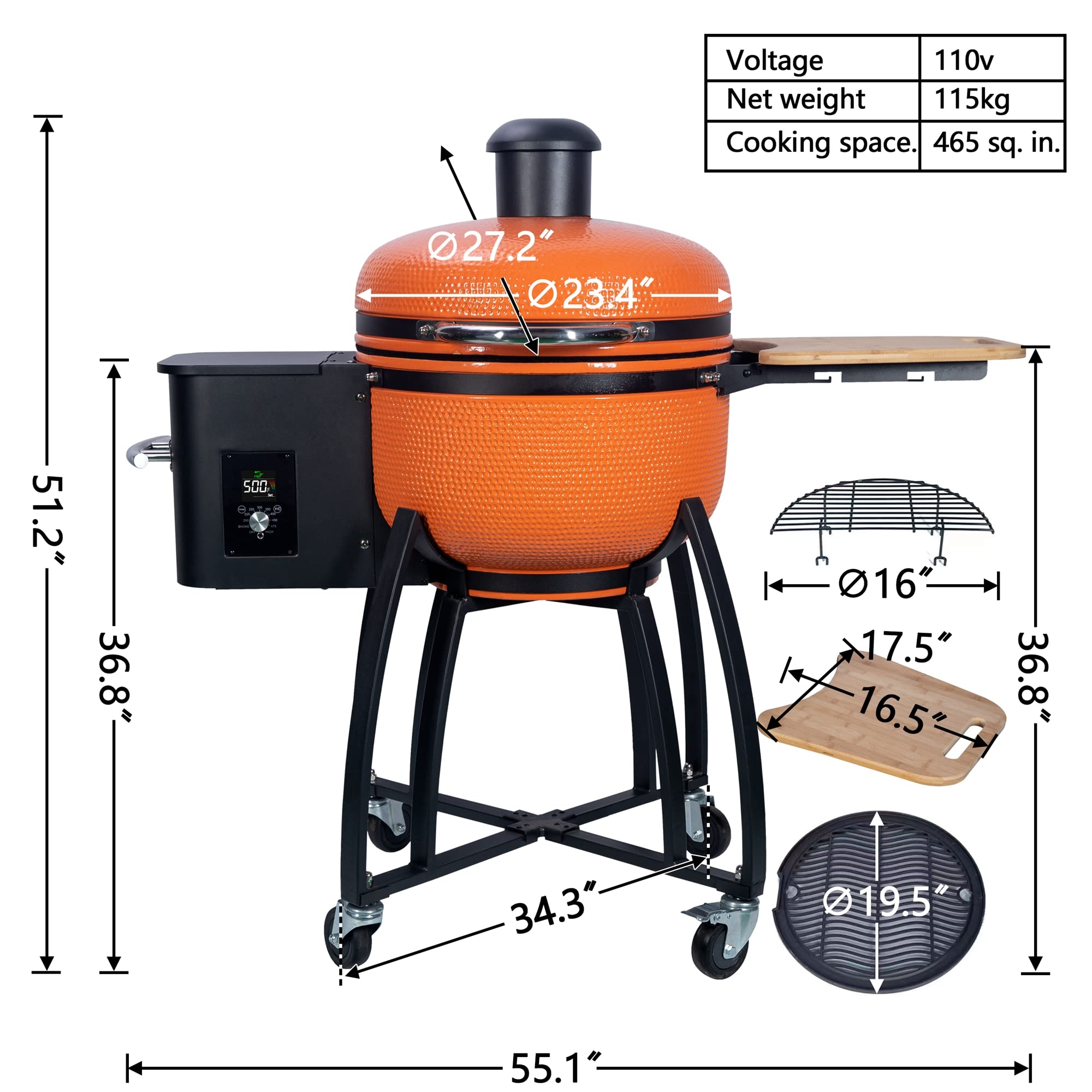Charcoal Grills 24 "Ceramic Pellet Grill with 19.6" diameter Gridiron Double Ceramic Liner 4-in-1 Smoked Roasted BBQ Pan-roasted for Outdoors Patio (Orange)