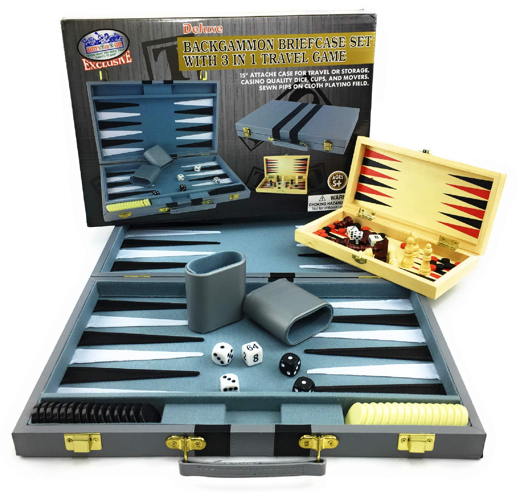 Matty's Toy Stop Deluxe 15" Backgammon Briefcase (Vinyl Gray Attache) with 3-in-1 Chess, Checkers & Backgammon Wooden Travel Games Set (8")