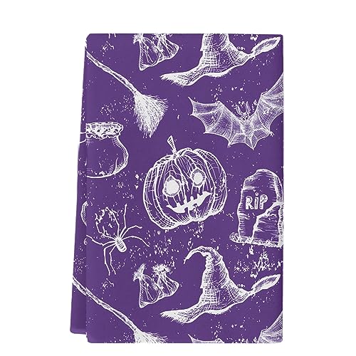 Kitchen Towels Happy Halloween Purple Absorbent Tea Towel Soft Hand Dish Towel Pumpkin Witch Bat Reusable Washable Cleaning Cloth Hand Bath Towels for Bathroom Bar for Everyday Cooking (Pack of 1)