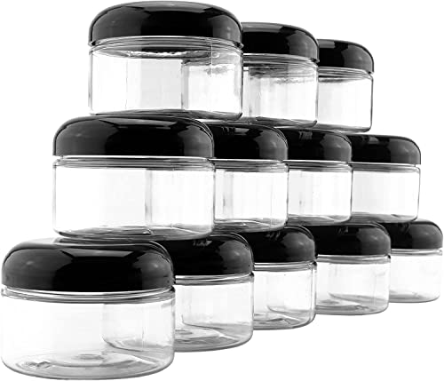 Cornucopia 4-Ounce Clear Plastic Jars (12-Pack); Jars w/Black Domed Lids for Cosmetics, Kitchen Spices, Crafts & Office
