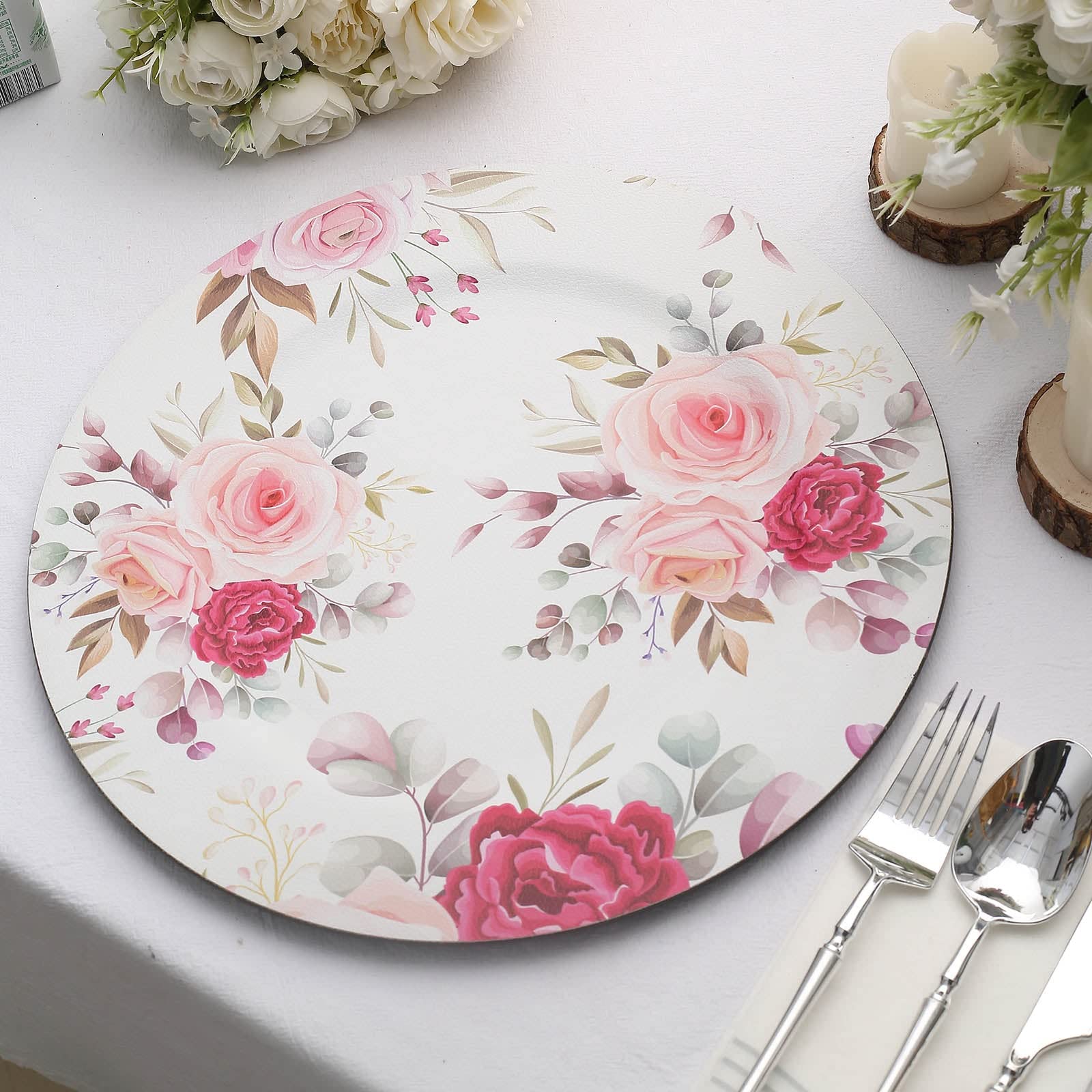 Efavormart 6 Pack | 13" Rose Flower Design Plastic Serving Plates, Disposable Spring Floral Print Charger Trays
