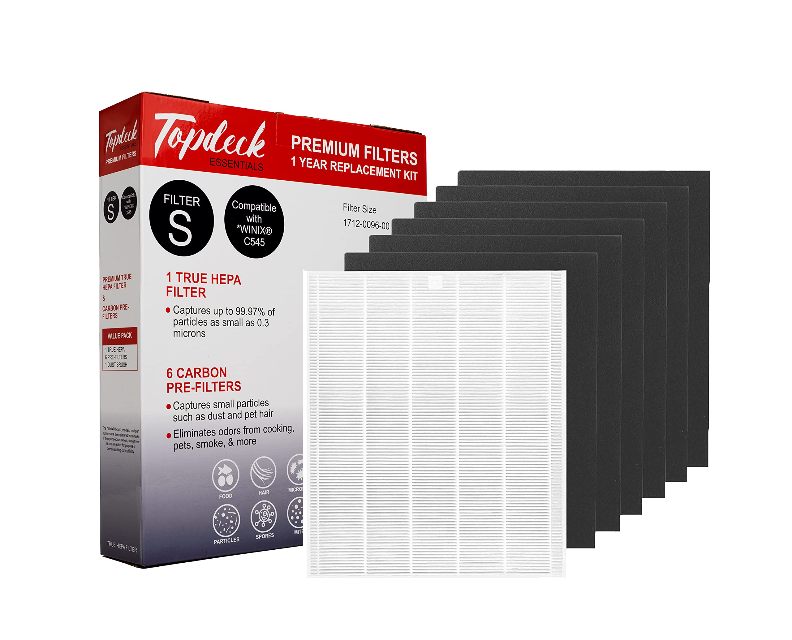 Topdeck ESSENTIALS C545 True HEPA Replacement Filter S, Compatible with Winix C545 Air Purifier, Replaces Winix S Filter 1712-0096-00. H13 Grade True HEPA Filter + 6 Activated Carbon Filters (1 + 6)