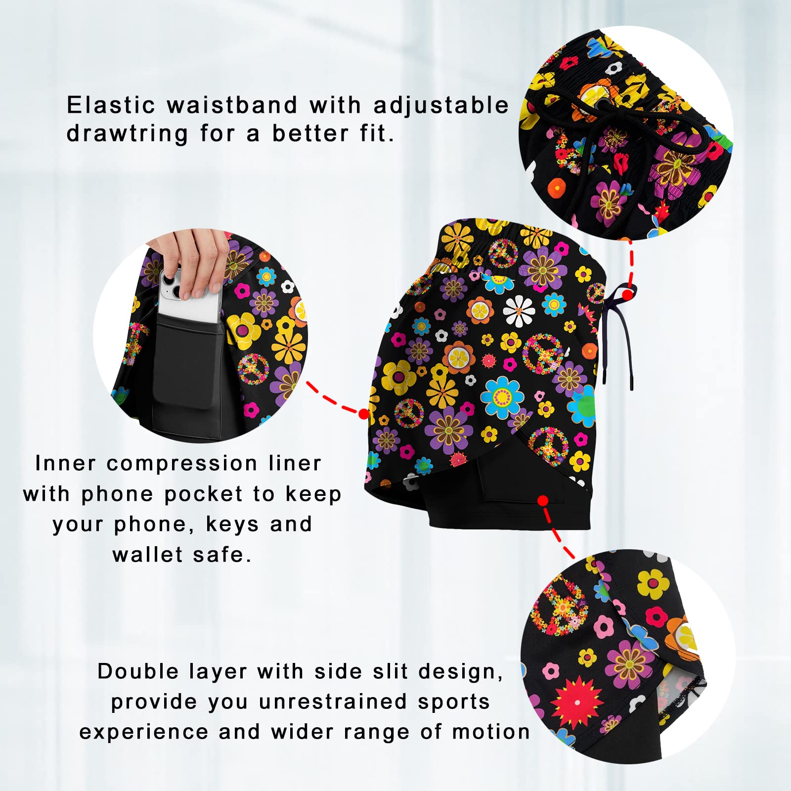 CHILL·TEK Women's 70's Groovy Flowers 2 in 1 Athletic Running Shorts with Liner Quick Dry Workout Yoga Gym Shorts with Phone Pocket