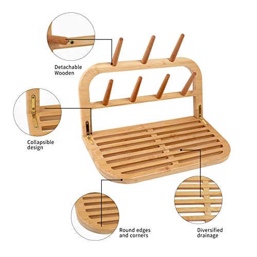 MEUHIIS Bamboo Baby Bottle Drying Rack Space Saving,Travel Baby Bottle Rack Dryer Holder Portable Countertop Bottle Dryer Rack Organizer,Bamboo Drying Rack for Bottles,Cups,Pacifiers and Accessories