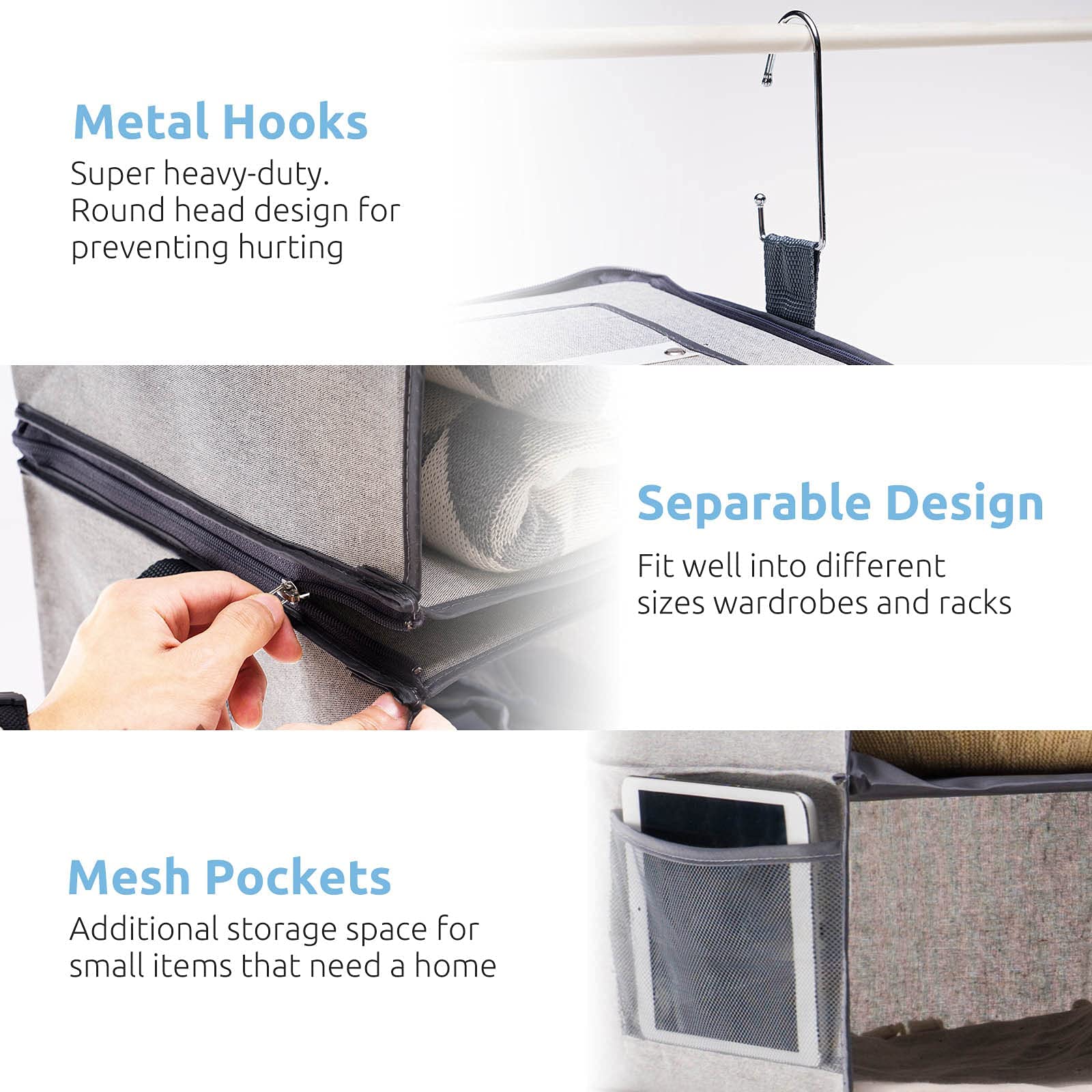 YOUDENOVA Hanging Closet Organizers and Storage, Two 3-Shelf Closet Hanging Shelves with Drawers, Canvas, Beige