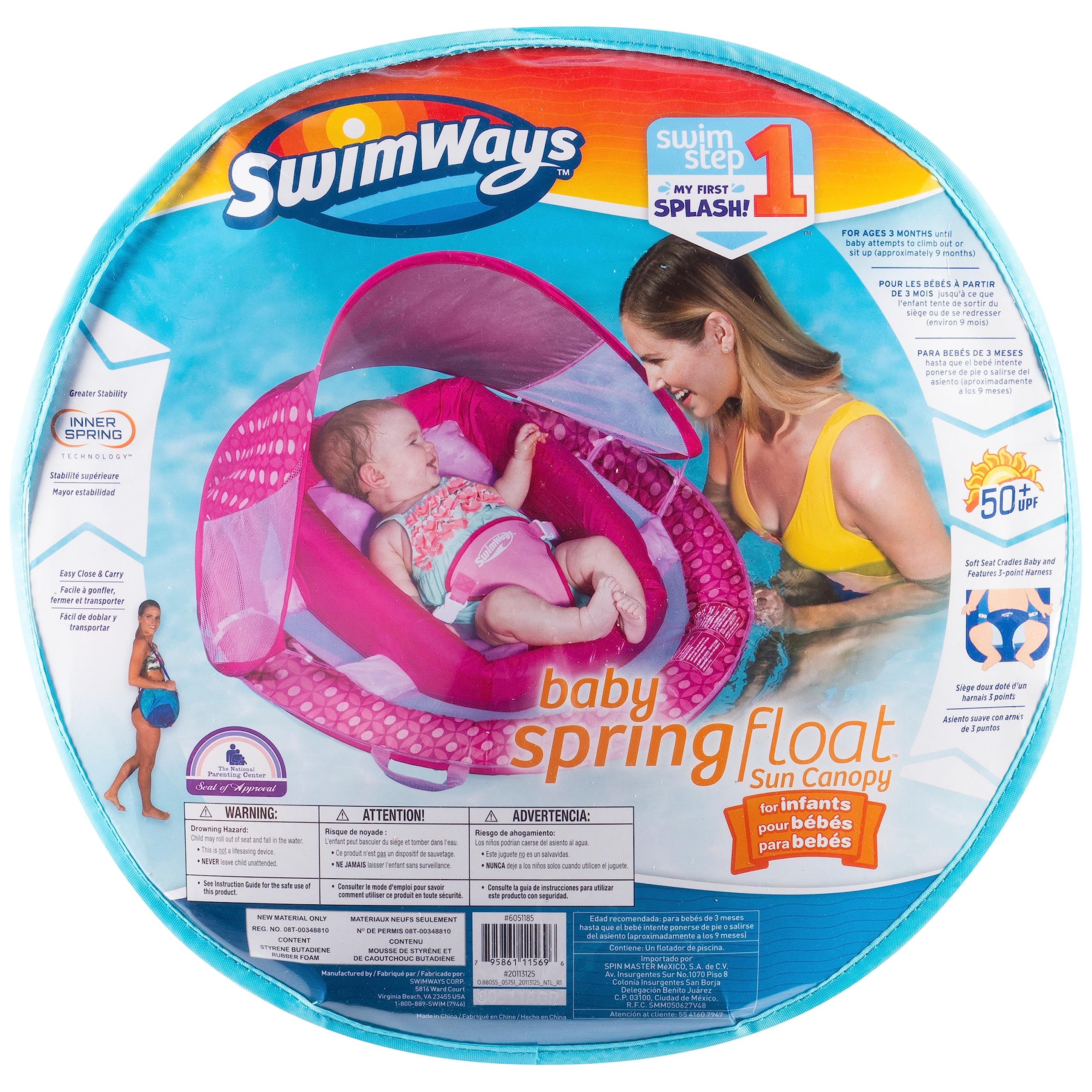 SwimWays Infant Baby Spring Float with Adjustable Sun Canopy - Pink Flower