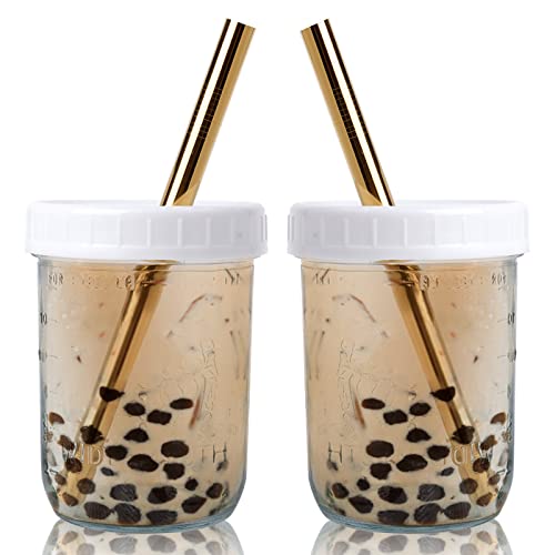 Dicunoy Set of 6 Drinking Mason Jar with Lids and Straws, 16OZ Wide Mouth Glass Bubble Tea Cup, Reusable Smoothie Cups, Canning Jars for Preserving, Meal Prep, Overnight Oats, Jam