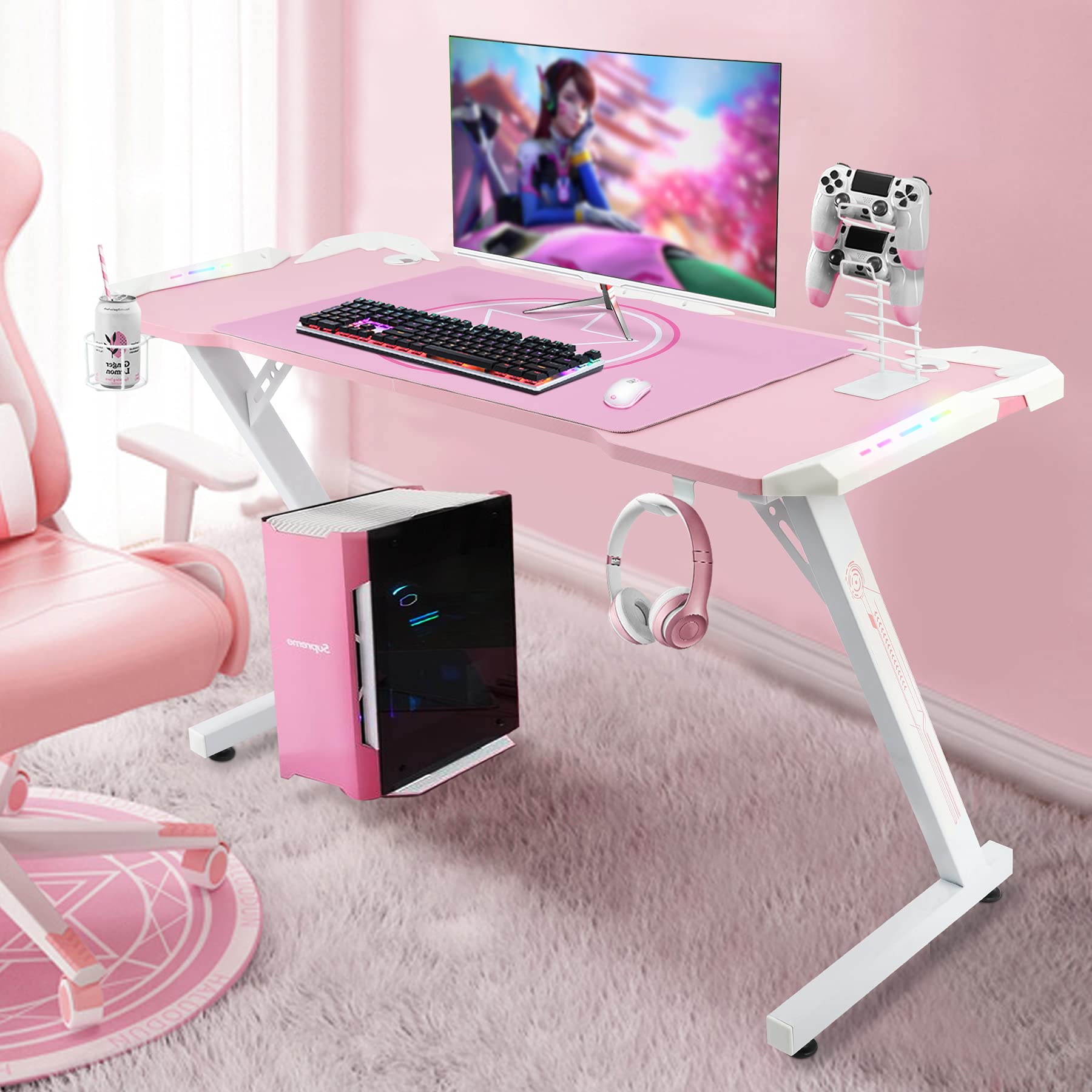 YOUTHUP Gaming Desk with LED Lights, 55 Inch Z Shaped Game Desk for PC Gamer, Ergonomic Racing Style Computer Table Workstation with Remote Control, Headphone Hook, Cup Holder, Handle Rack, Pink