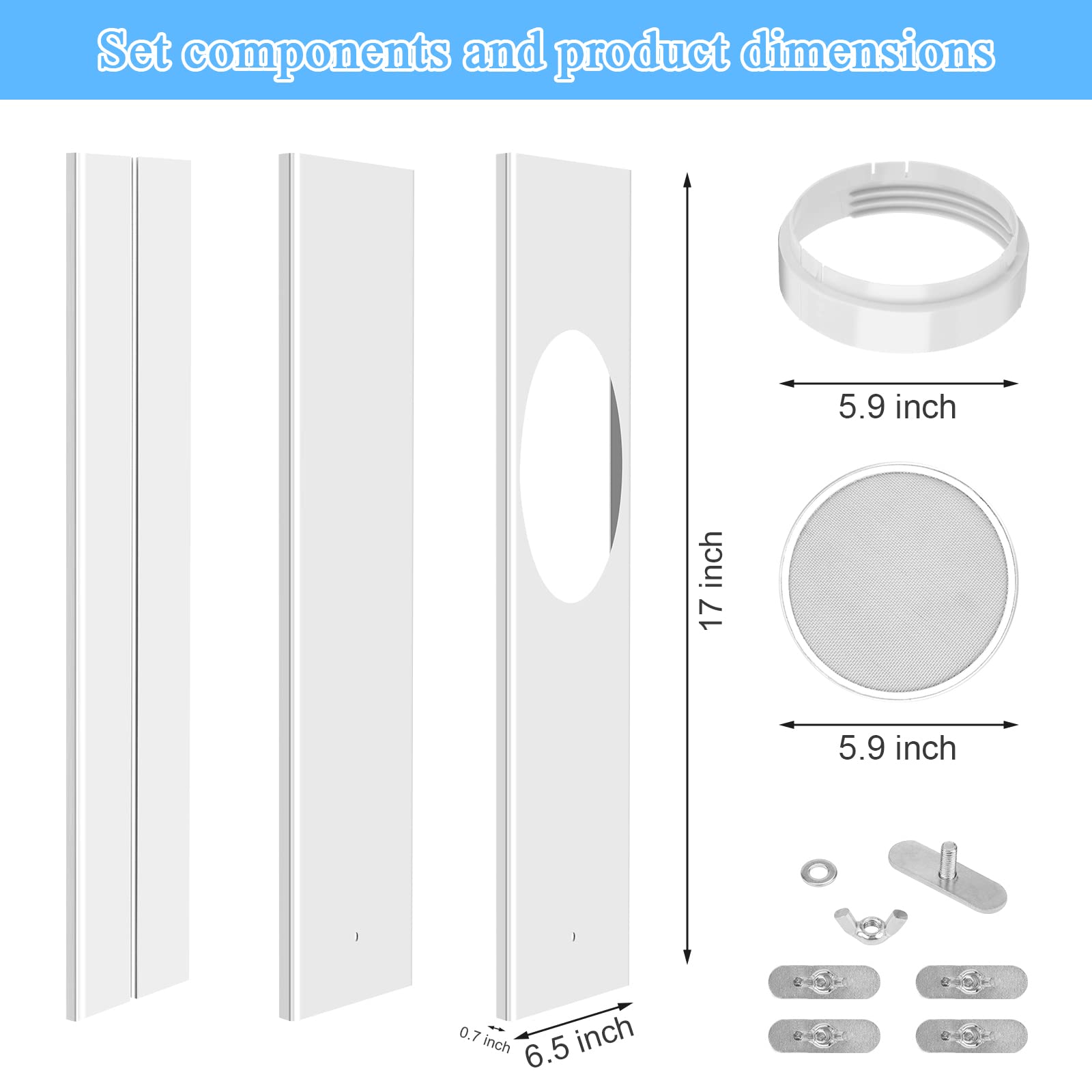 DARCKLE Portable AC Window Kit Adjustable AC Vent Kit Window Seal Plates Kit for AC Unit for Ducting Universal AC Seal Panel for Horizontal&Vertical Window ((5.9 INCHES) with Hose)