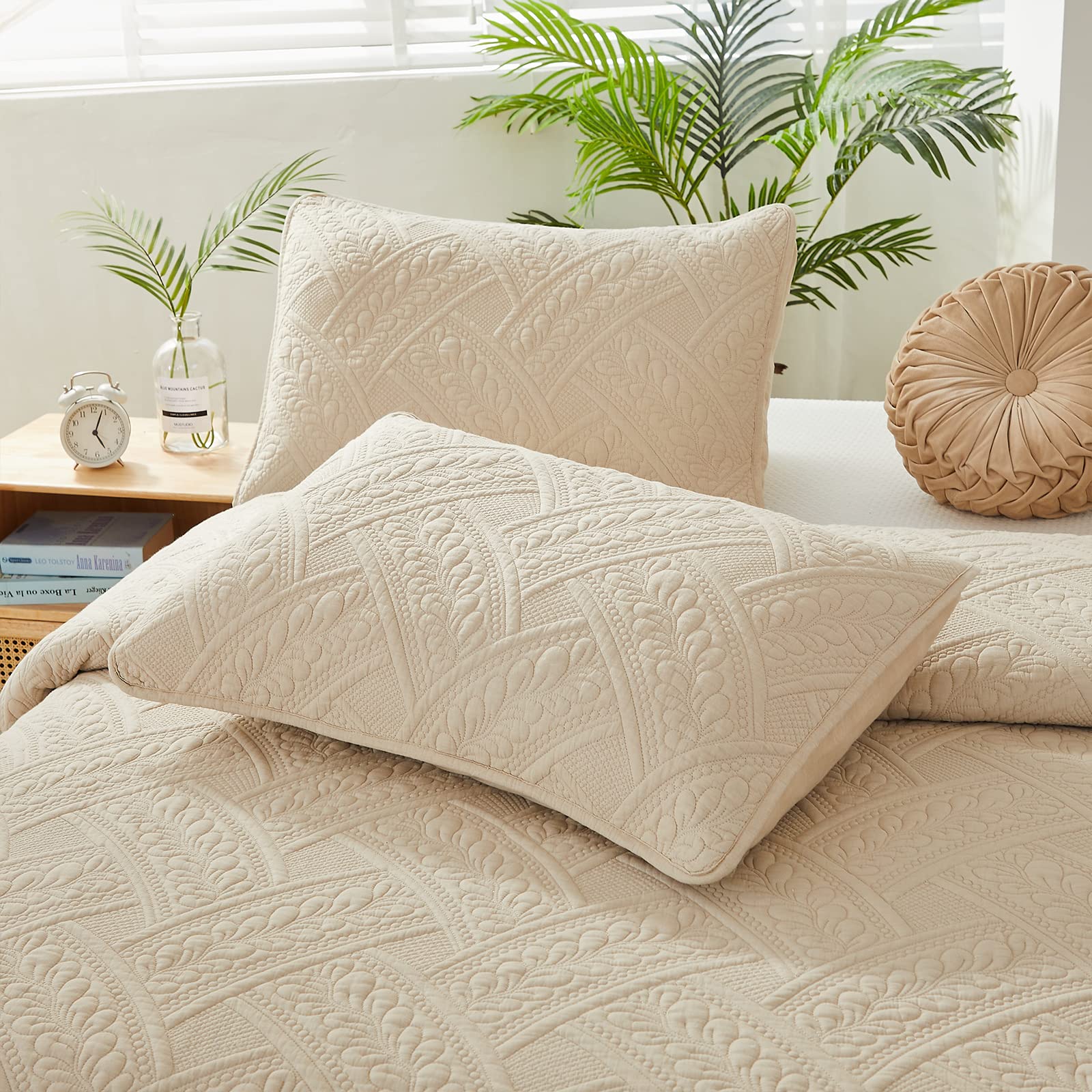 Brandream Queen Size Quilt Sets Cotton Beige Quilt Set Farmhouse Bedding Matelasse Quilted Bedspreads Coverlet Set Queen Full Size