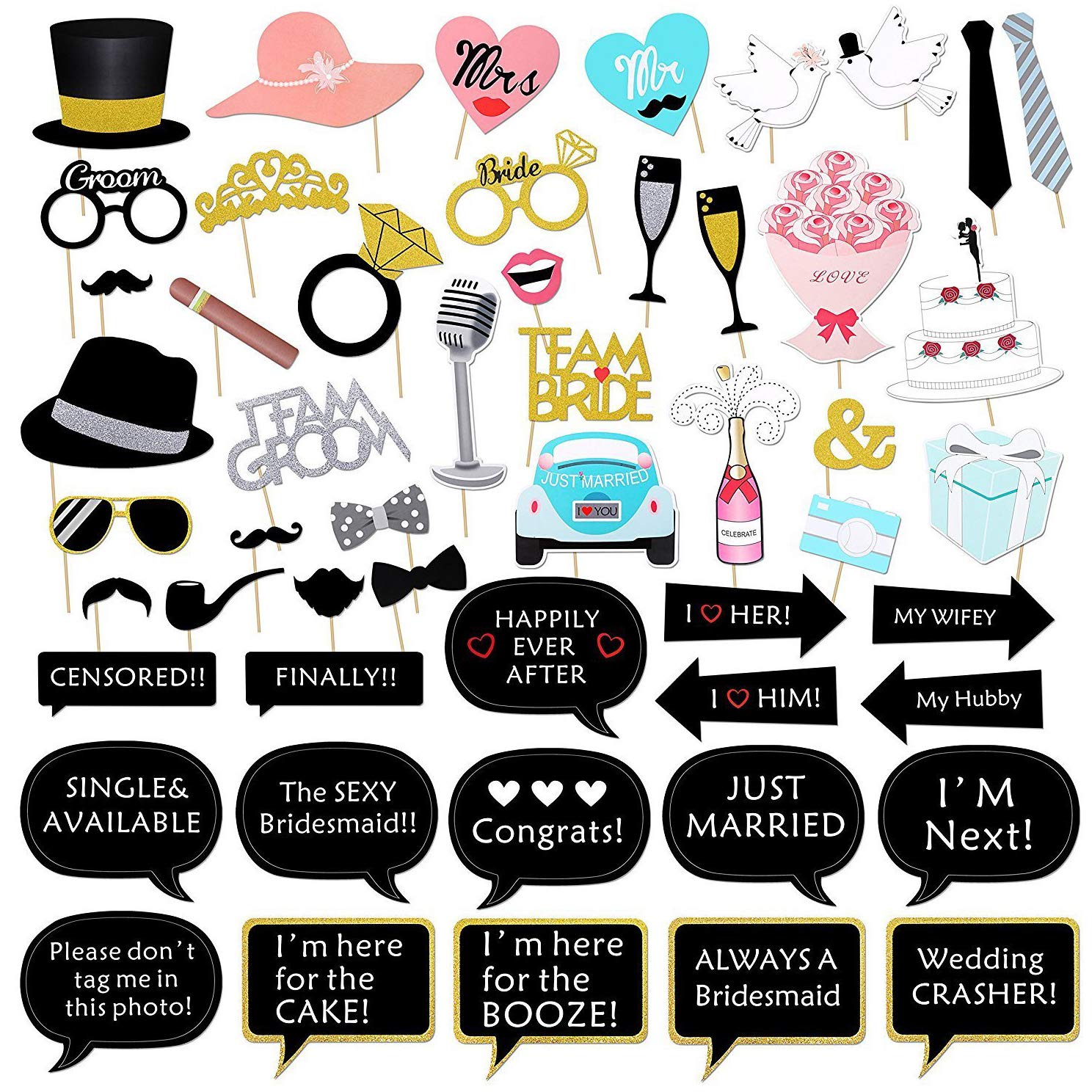 Kotbs 52pcs Wedding Photo Booth Props, Bachelorette Party Photo Booth Prop Kit for Bridal Shower, Engagement and Valentines Party, Photobooth Props Wedding Party Supplies