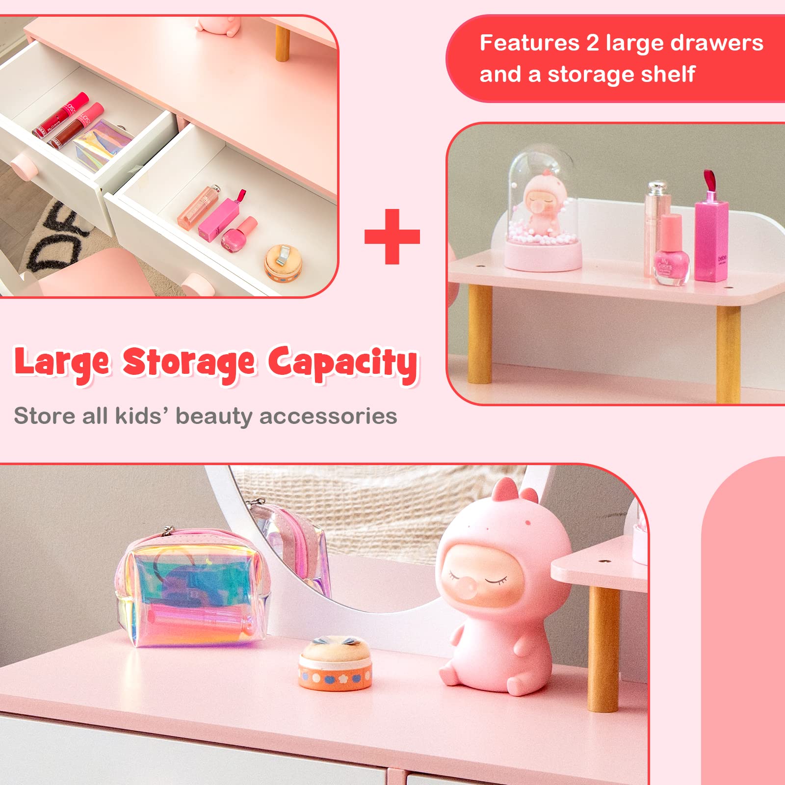 FIREFLOWERY Kids Vanity, Kids Vanity Table and Chair Set with Mirror & Storage Shelf, Princess Dressing Table, Toddler Makeup Vanity, Girls Vanity with 2 Large Drawers (White)