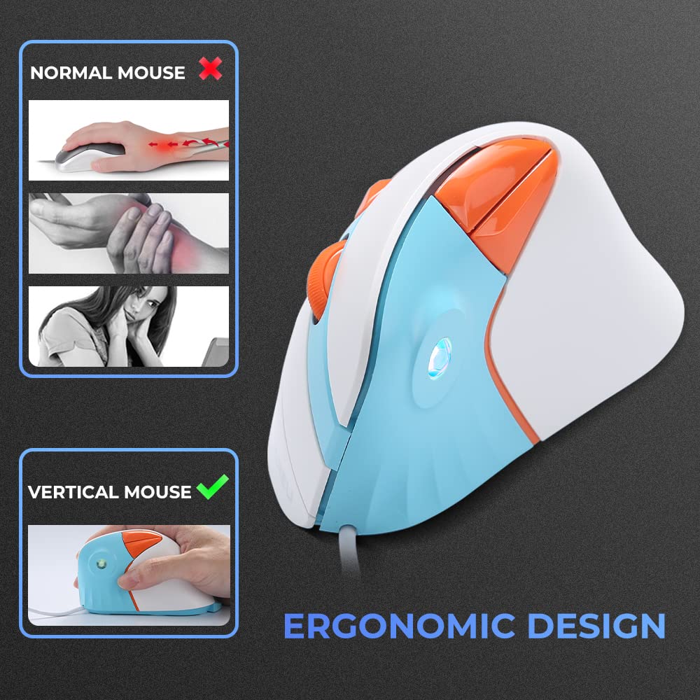 DAREU Vertical Ergonomic 89g Lightweight Optical Mouse, USB Wired RGB Gaming Mouse Reduce Wrist/Hand Strain, 1000/1600/3200/6400 DPI, 6 Buttons for Laptop, Desktop, PC, Mac (White&Blue)