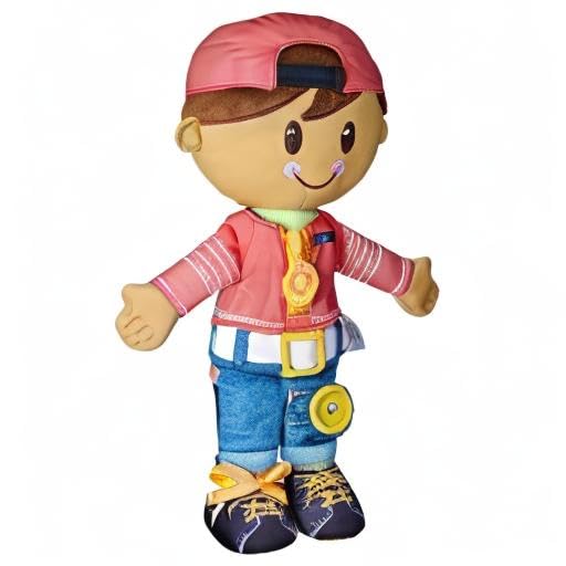 Playskool Dressy Kids Doll with Brown Hair and Hat, Activity Plush Toy with Zipper, Shoelace, Button, for Ages 2 and Up (Amazon Exclusive)