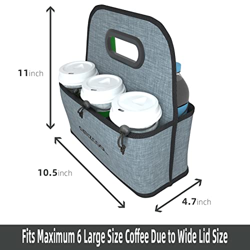 Portable Coffee Cup Holder Reusable Drink Carrier Delivery Go Bag for 6 Cup Collapsible Tote Bag with Organizer Pockets Detachable Dividers, with Single Drink Tote Bag
