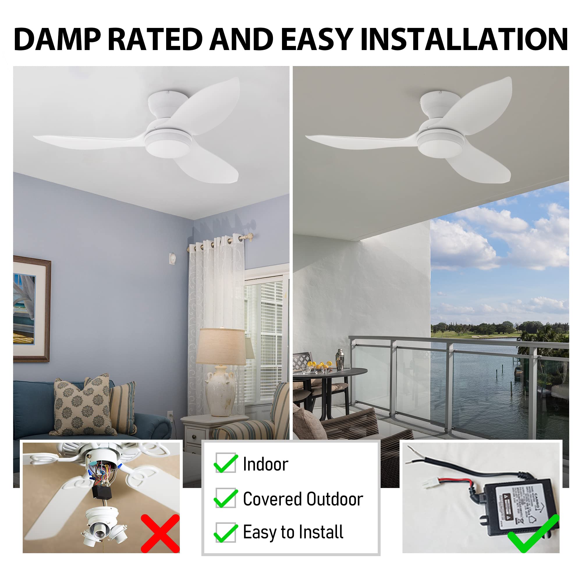 CEME 45" Smart Low Profile Ceiling Fan with Dimmable Light, Flush Mount, Remote Control, 10-Speed Quiet DC Motor, White, Works with Alexa, Siri Shortcuts, Google Home & Smart APP - Indoor/Outdoor Use