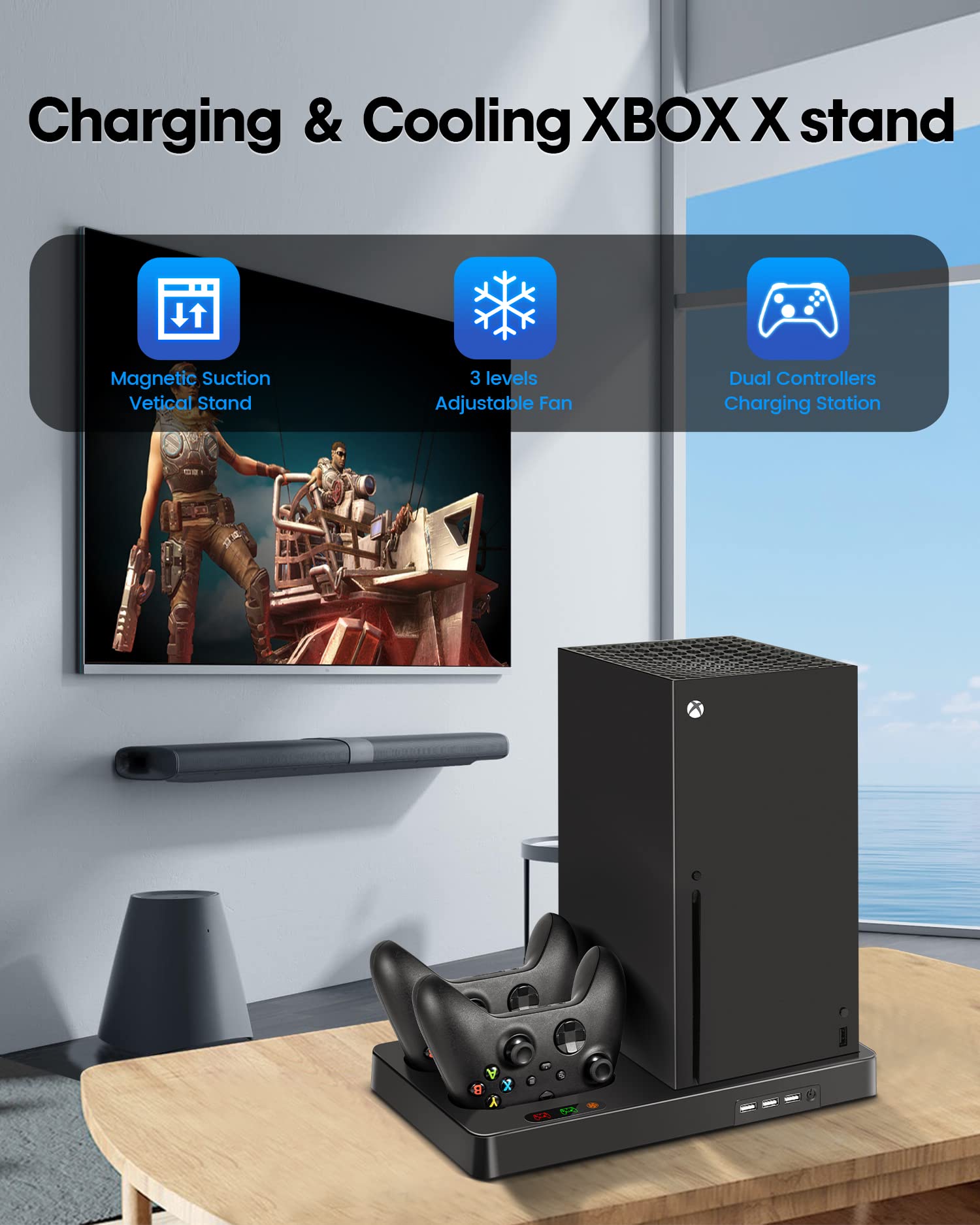 DEVASO Cooling Stand Compatible with Xbox Series X, Charging Station Dock with 2 Rechargeable Battery Pack and Dual Controller Charger Ports,3 Extra USB Ports, Black