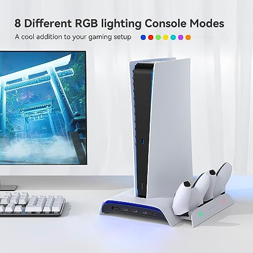 KIWIHOME Cooling Station for PS5 Accessories, Vertical Stand with RGB for Console, 3-Level Fan, Dual Controller Charging Station, 10 Game Slots, Compatible with Disc & Digital Edition