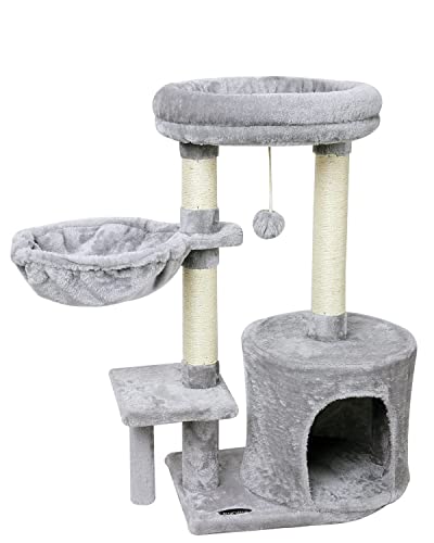 KIYUMI Cat Tree Cat Tower Condo with Sisal Scratching Post for Indoor Cats Cat Tree Cat Furniture with Hammock Perch and Kitten Ball Toys, Multi-Level Pet Activity Center