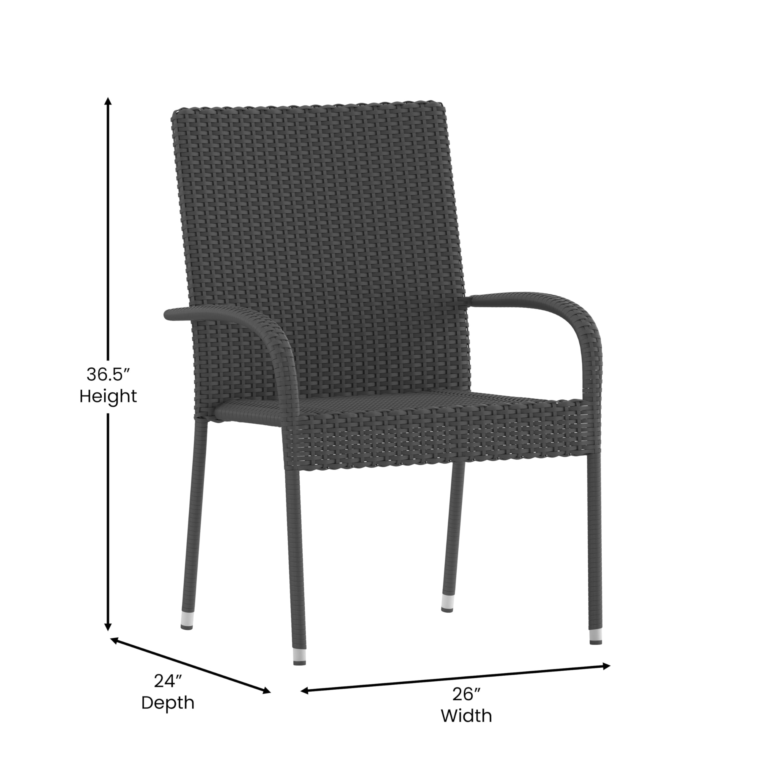EMMA + OLIVER Sala Stacking All-Weather Patio Chair - Gray Woven Polyethylene Wicker - Powder Coated Steel Frame - for Indoor & Outdoor Use - Set of Four