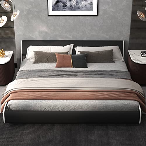 GOFLAME King Bed Frame, Modern Upholstered Platform Bed with Adjustable Headboard, Solid Wooden Slat Support, Faux Leather Luxury Reclining Bed Frame, No Box Spring Needed