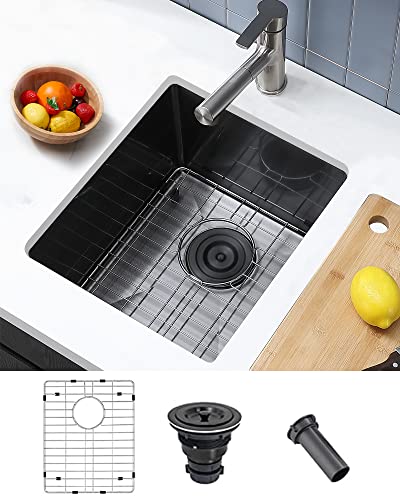 Comllen 15 x 17 inch Black Bar Sink Undermount,Black Stainless Steel Wet Bar Prep Sink Small Kitchen Sink Single Bowl RV Sink with Bottom Grid and Strainer-KYL001B