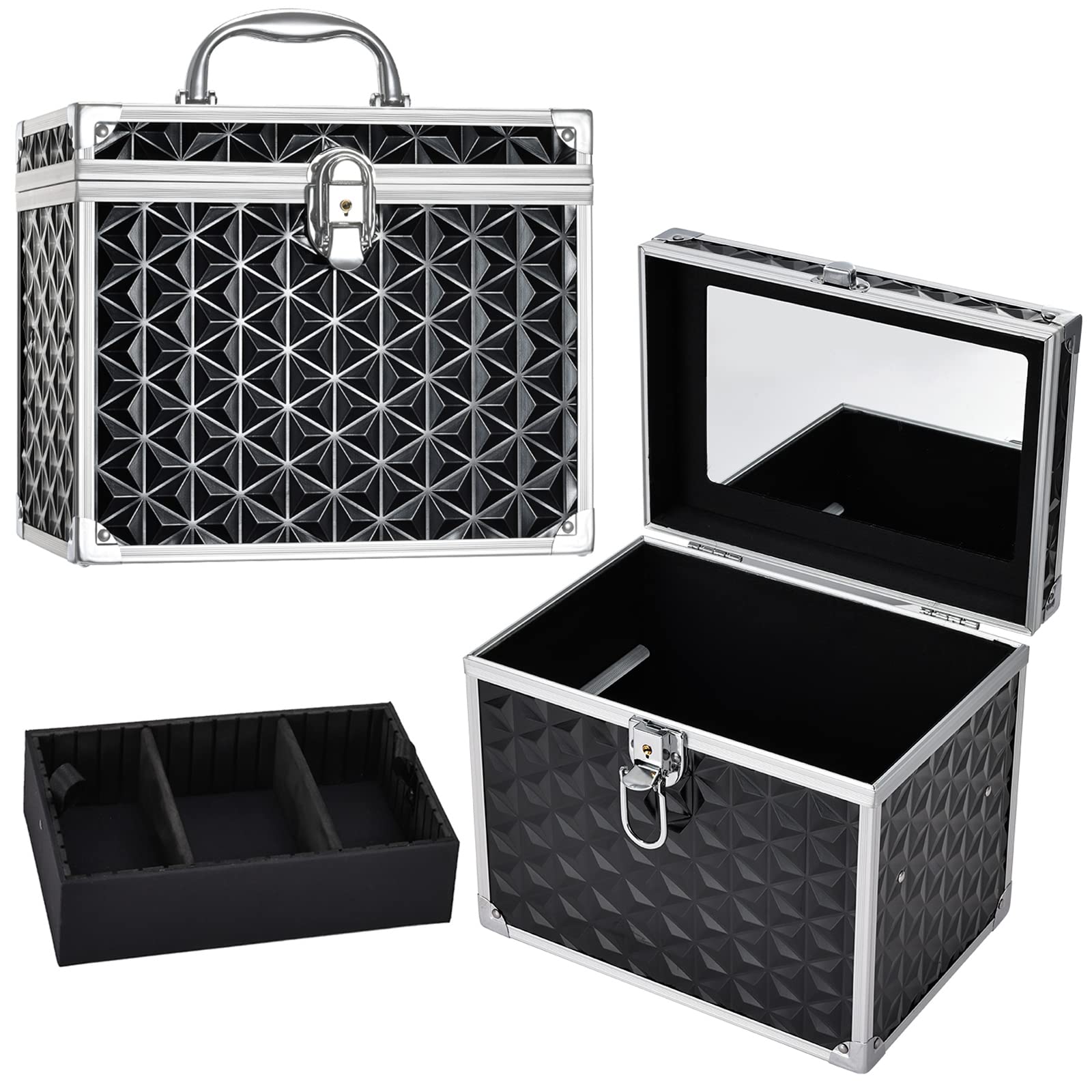 Costravio Makeup Train Case Travel Organizer Case Professional Cosmetic Storage Box with Divider Tray Mirror Portable Cosmetology Sewing Box for Makeup Artist Nail Tech Kits Crafters Train Case Black