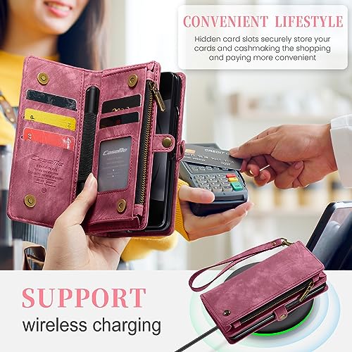 phone flip case Wallet Case Compatible with Samsung Galaxy Z Fold 5,2 in 1 Detachable Premium Leather Magnetic Zipper Pouch Wristlet Flip Phone Case,Matte Soft Leather+TPU Bottom Shell Case W Card Hol