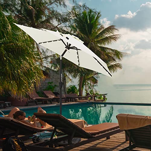 FLAME&SHADE 7.5 ft Solar Powered Outdoor Market Patio Table Umbrella with LED Lights and Tilt, Ivory