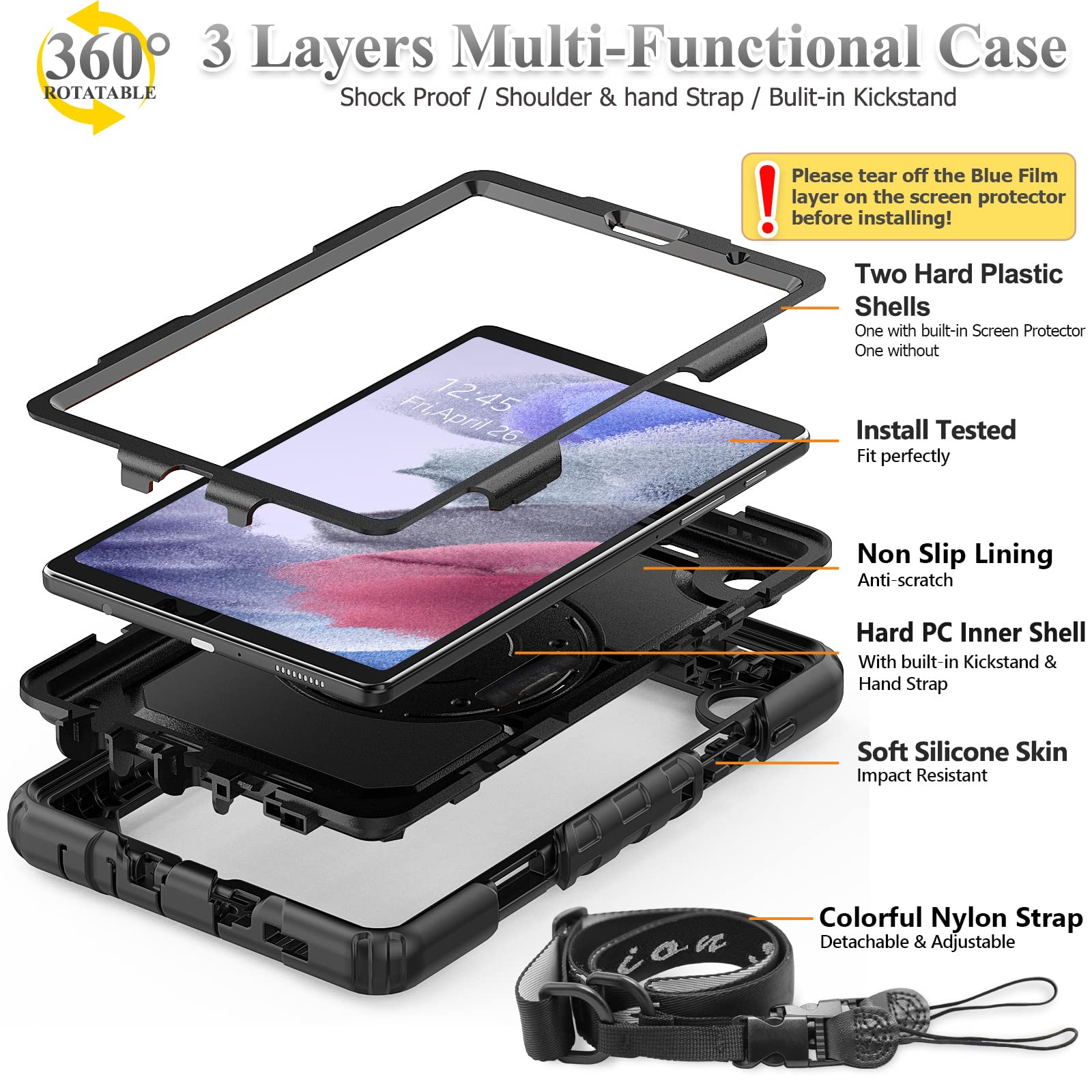 Case for Samsung Galaxy Tab A7 Lite 2021 8.7'' SM-T220/T225/T227 with Screen Protector Pencil Holder [360 Rotating Hand Strap] &Stand, SEYMAC stock Drop-Proof, Black