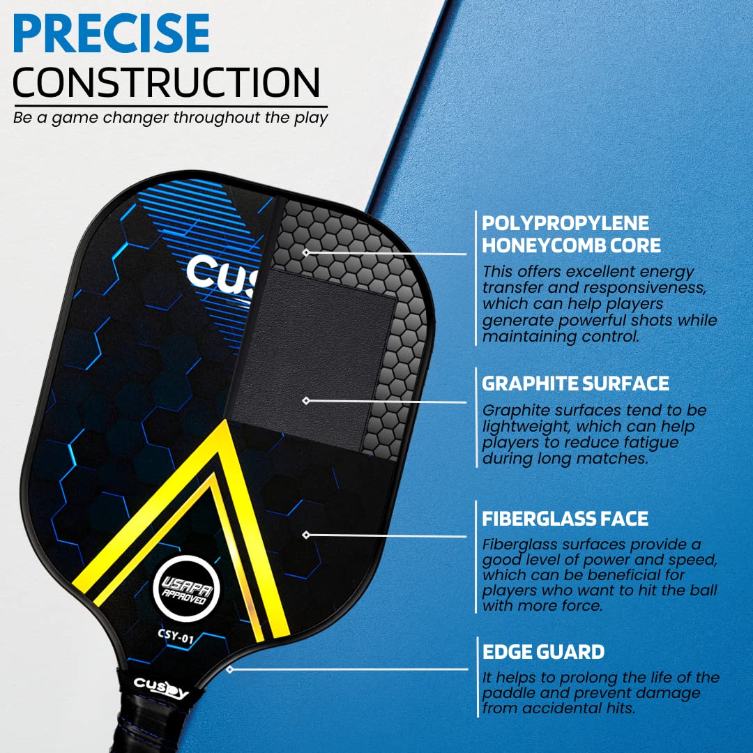Cuspy USAPA Pickleball Paddles Set of 2 – includes 2 Pickleball Paddles with sturdy Graphite Surface and trendy Dark Blue color, 4 Balls, 2 Extra Grip Tapes, 2 Wristbands, and a durable Pickleball Bag