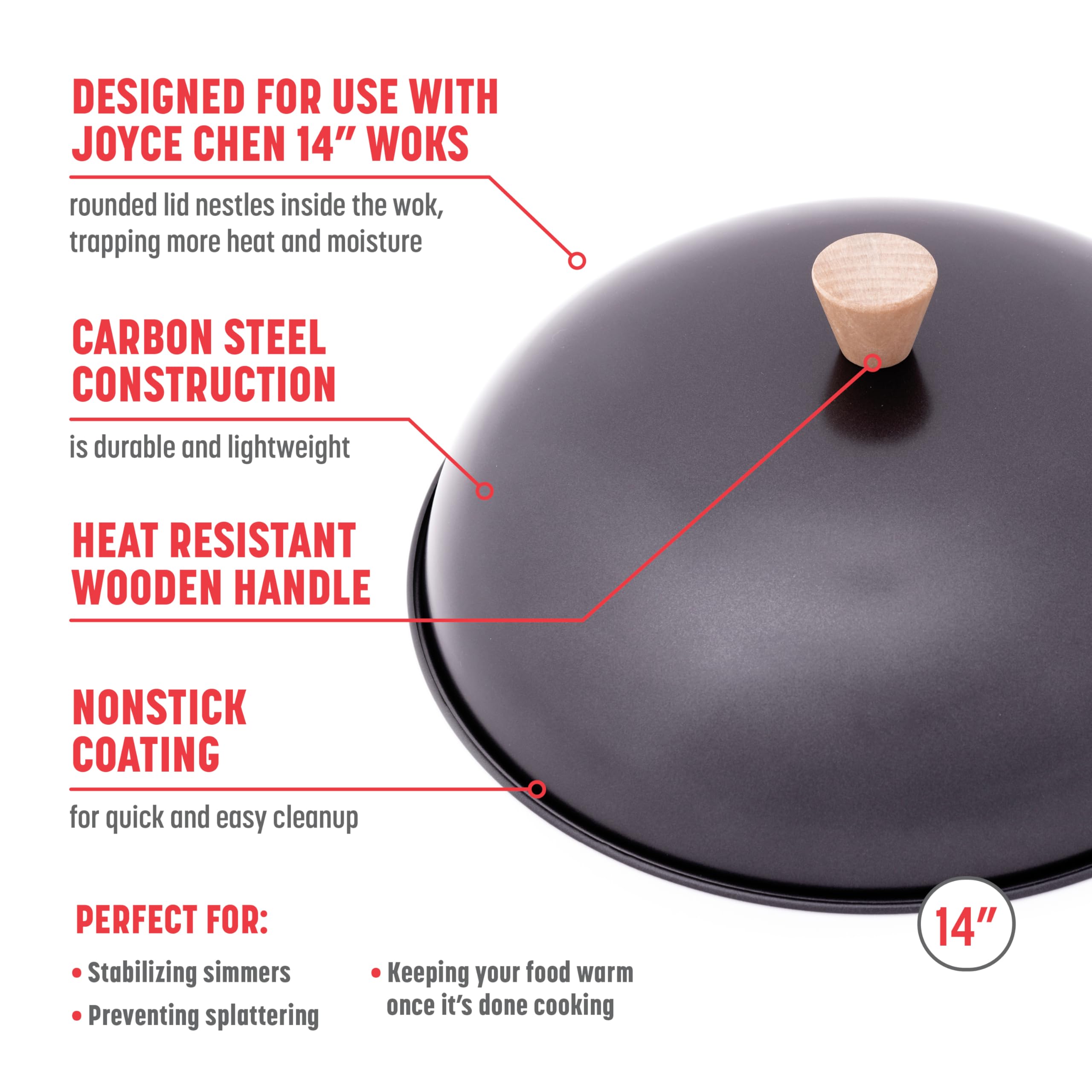 Joyce Chen 31-0066, 13.5-Inch Nonstick Steel Dome Lid for 14-Inch Wok Black