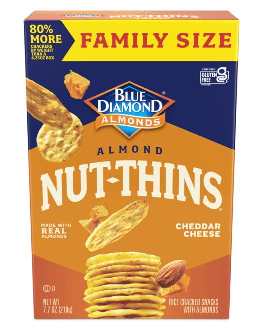 Blue Diamond Almonds Nut-Thins Gluten Free Cracker Crisps, Cheddar Cheese, Family Size, 7.7 oz