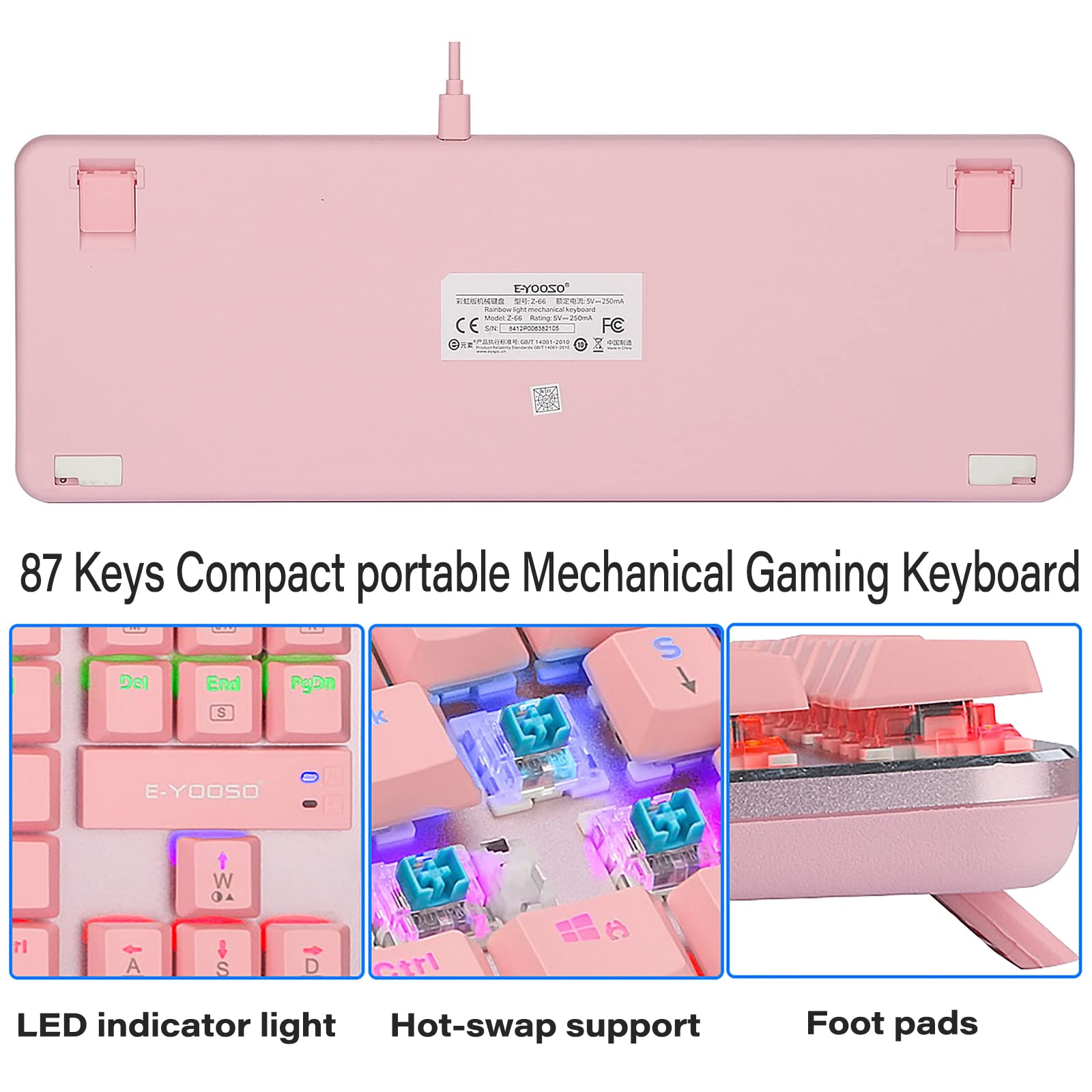 DEANEEK Mechanical Keyboard 87 Keys Small Compact Multicolour Backlit TKL - USB C Wired Mechanical Keyboard - LED Hot Swappable Switches & Keycaps for Windows/Mac/PC (Pink-Red Switch)