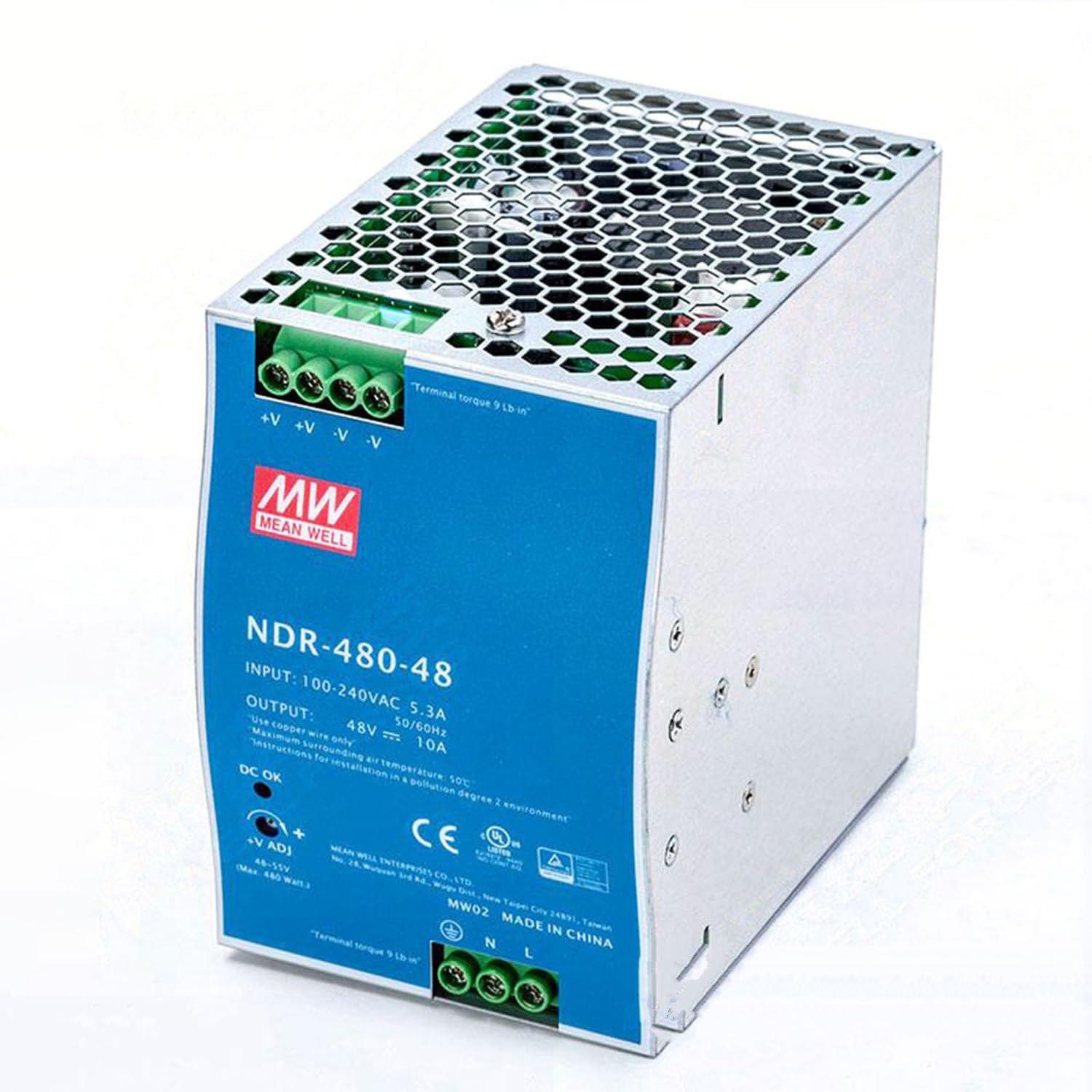 DynMach NDR-480-48 Industrial DIN Rail Power Supply 480W, 48V, 10A, High-Efficiency 93%,90-264VAC Universal Input, Reliable & Durable for Advanced Manufacturing, Automation & Scientific Research