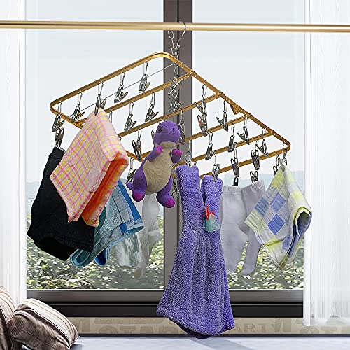 KANGCAI Socks Hanger 42 Clips Drip Hangers Clothes Drying Rack herb Drying Rack tendederos de ropa para secar Foldable Hanging Racks for Laundry Racks Apartments (Gold)