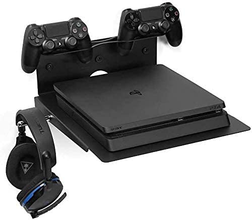 Borangame - Horizontal Wall Mount Compatible with All PlayStation PS4 Models (First Series, Slim and Pro), PS5 & XBOX, Stand in Powder-coated Iron, Space for 2 Pad and 1 Gaming Headphone Holder