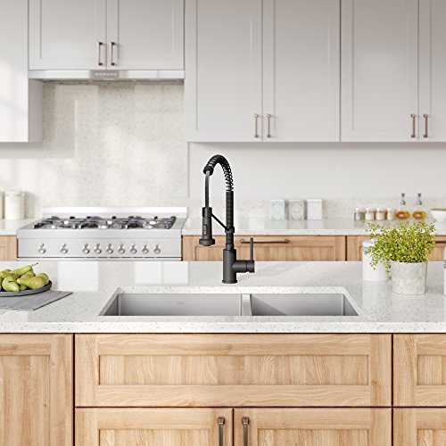 KRAUS 33-inch 16 Gauge Double Bowl 60/40 Standart PRO Kitchen Sink Combo Set with Matte Black Bolden 18-inch Kitchen Faucet and Soap Dispenser, KHU103-33-1610-53MB