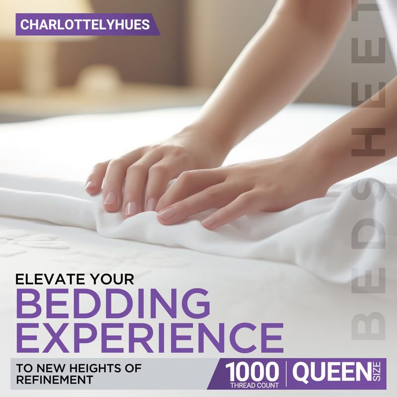 CharlottelyHues 100% Egyptian Cotton Queen Size Sheet Set - 1000 Thread Count 4 Piece Bed Sheets Long Staple Cotton Sheets, Sateen Weave, luxury Hotel Sheets, Fits Upto 18" Deep Pocket - Bright White