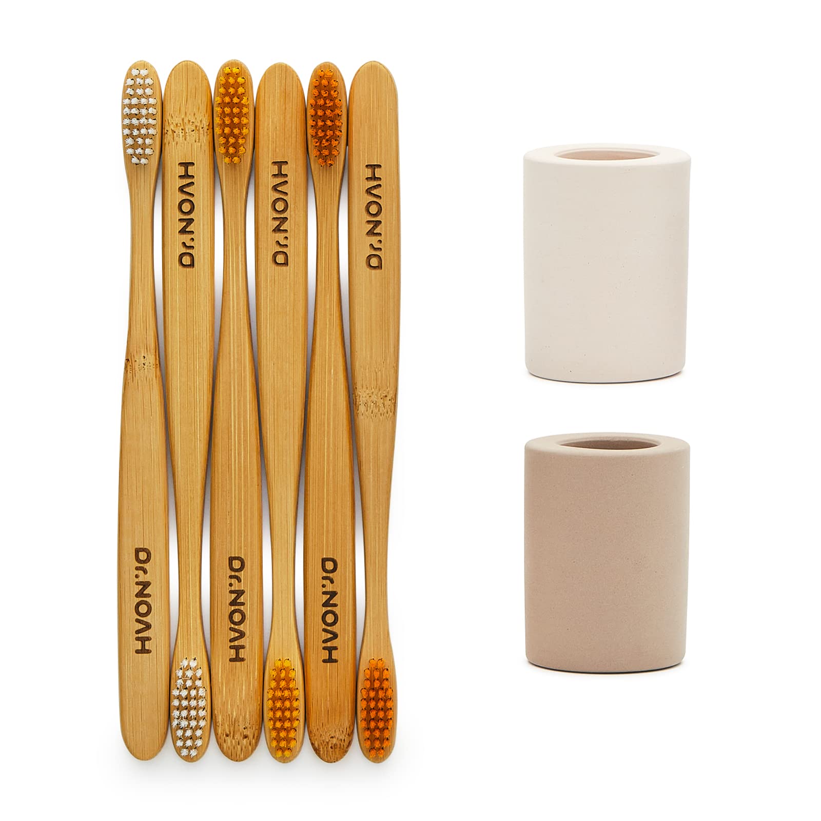 Dr.NOAH Ceramic Toothbrush Holder (2 Pack) & Maru Bamboo Toothbrush, Compact (6 Pack) | Diatomite Fast Drying Toothbrush Holders for Bamboo Toothbrushes