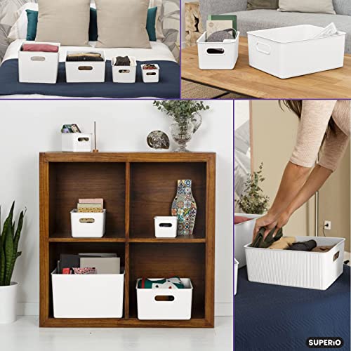 Superio Ribbed Collection - Decorative Plastic Open Home Storage Bins Organizer Baskets, Large White (6 Pack) Container Boxes for Organizing Closet Shelves Drawer Shelf 15 Liter/16 Quart