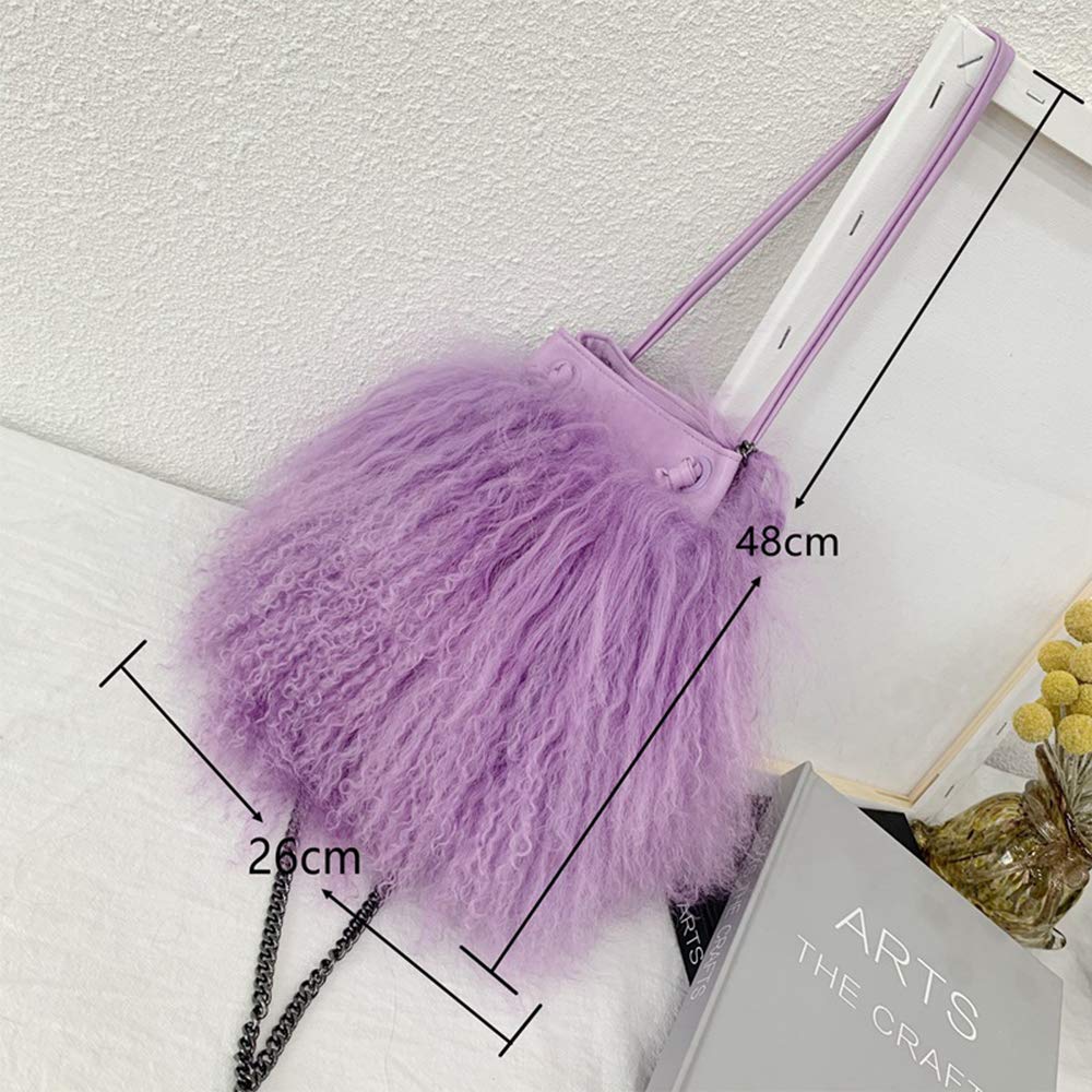 Real Mongolian Fur Luxury Lamb Fur Womens Girls Shoulder Tote Bags Lavender