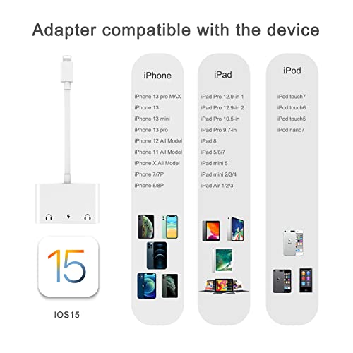 FEINODI Dual 3.5mm iPhone Headphone Splitter, 3 in 1 iPhone Adapter for Headphone Jack, with Charging iPhone Splitter, Compatible with iPhone 13/12/11/X/8/8plus/7/7plus/iPad-Support iOS 15