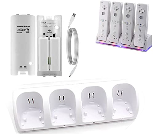 YZGame Wii Controller Charger Remote Charger for Wii , 4-in-1 Wii Remote Charging Station Replacement Wii Charging Dock with 4 Rechargeable Batteries White Wii Remotes with Charger,NF14-W2