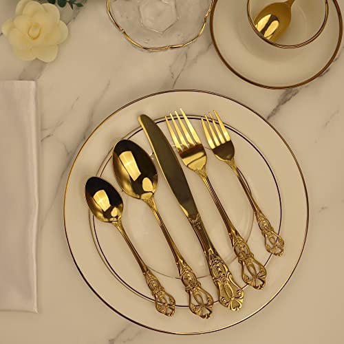 Runfly Gorgeous Retro Royal Gold Stainless Steel 20 Pieces Flatware Set, Golden Silverware Set, Anti-rust Stainless Steel Gold Cutlery Set Utensils Including Fork Spoon and Knife