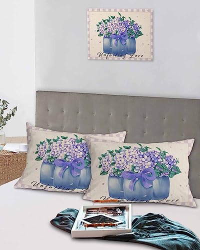 Edwiinsa Spring Floral Pillow Covers Standard Size Set of 2 Bed Pillow, Rustic Purple Plaid Summer Flowers Plush Soft Comfort for Hair/Skin Cooling Pillowcases with Envelop Closure 20''x26''